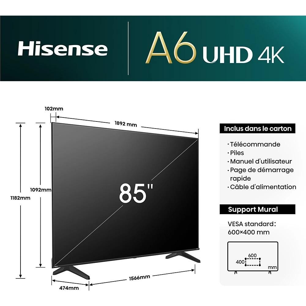 Téléviseur smart Hisense 85A6N 85" pouce- 4K UHD, HDR10+, Smart TV ...